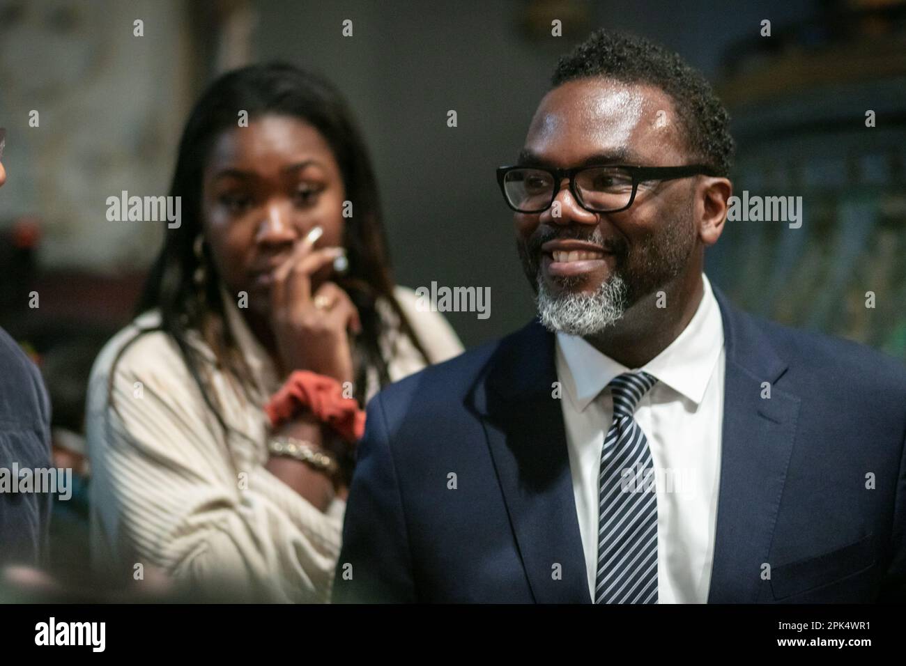 Chicago mayoral candidate (now mayor-elect) Brandon Johnson greeting ...