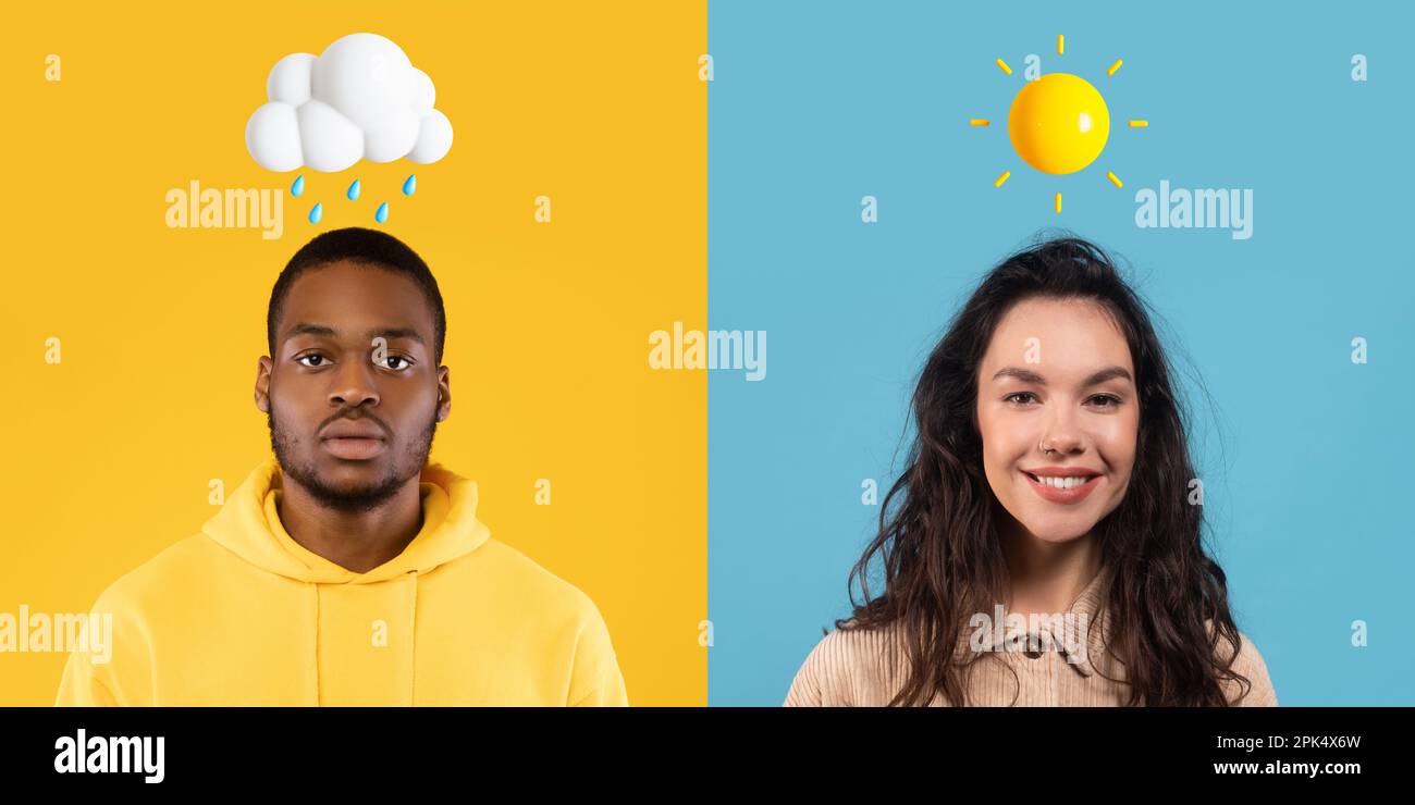 Sad young black man with cloud with rain and happy european woman with ...