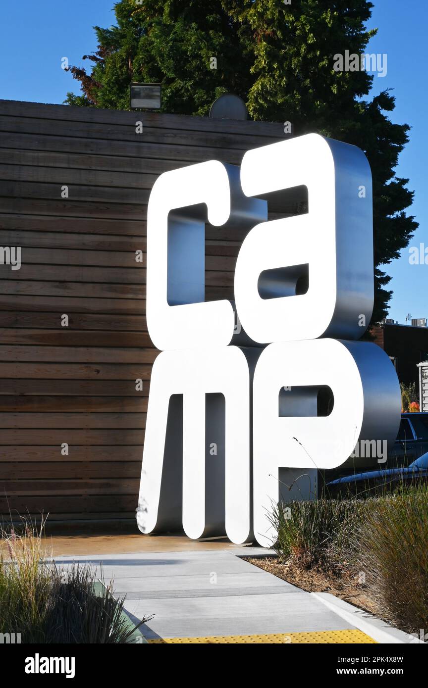 COSTA MESA, CALIFORNIA: 4 APR 2023: Sign at The Camp retail campus in ...