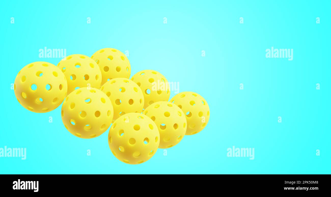 Pickle ball yellow sports balls on an isolated background. Close up 3D ...
