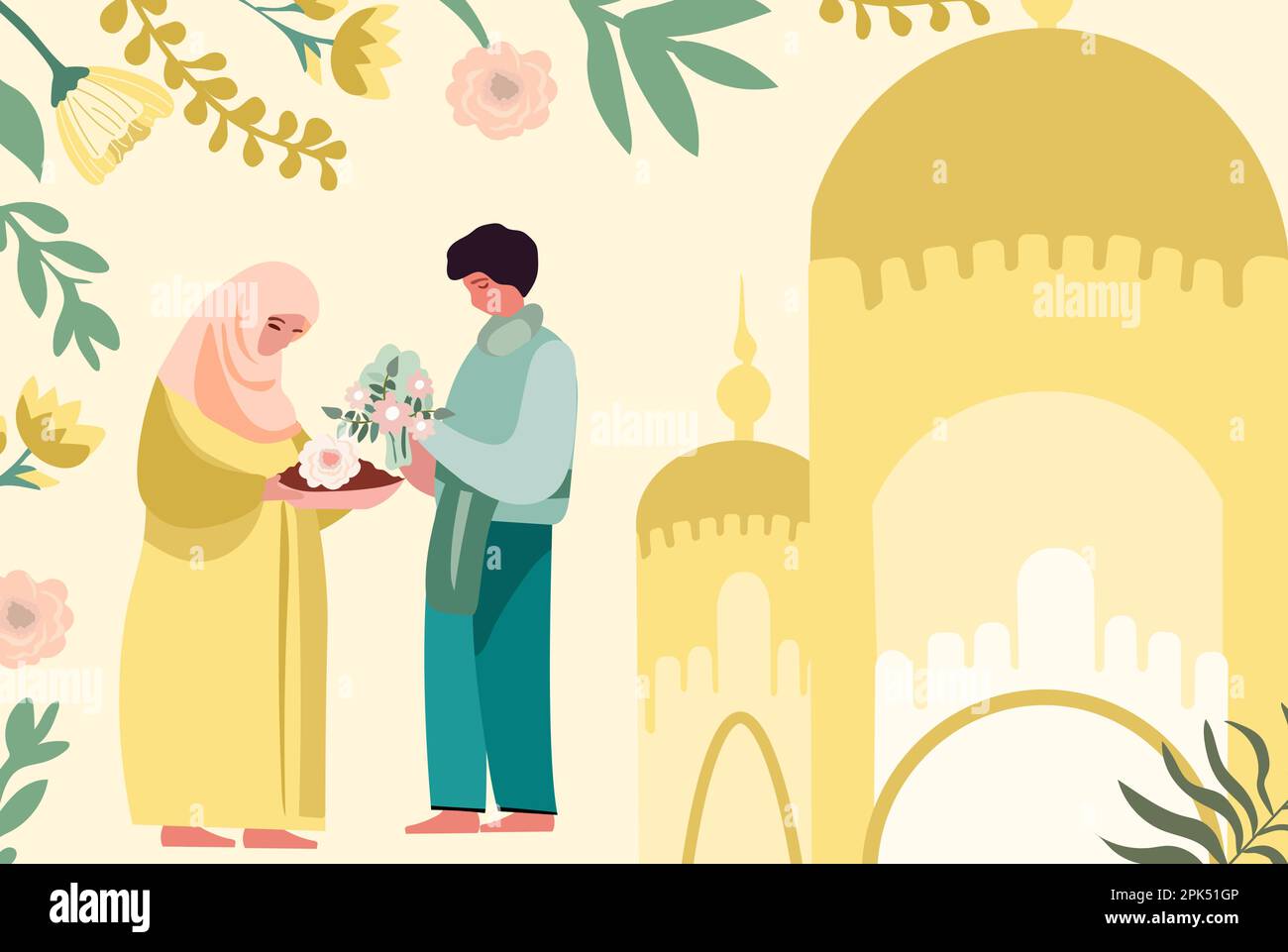 Celebrating Together: A Joyful Muslim Community with Mosque Silhouette ...