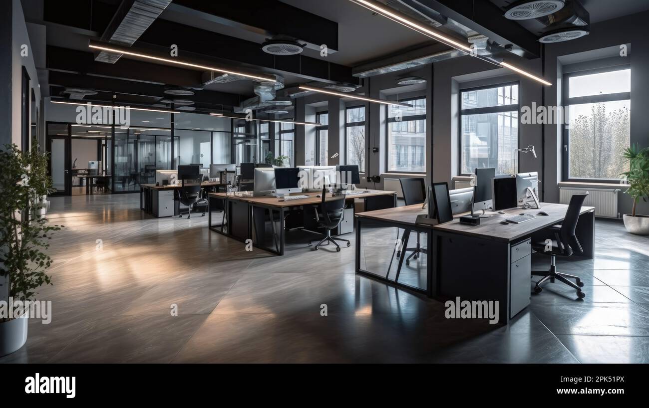 Trendy modern open concept office space with big windows, natural light ...