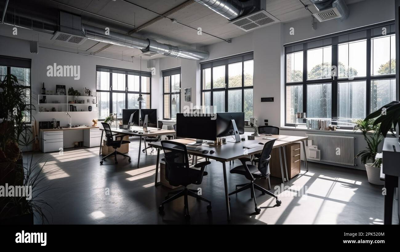 Trendy modern open concept office space with big windows, natural light and a layout to ...
