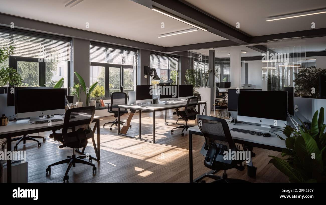 Trendy modern open concept office space with big windows, natural light and a layout to ...