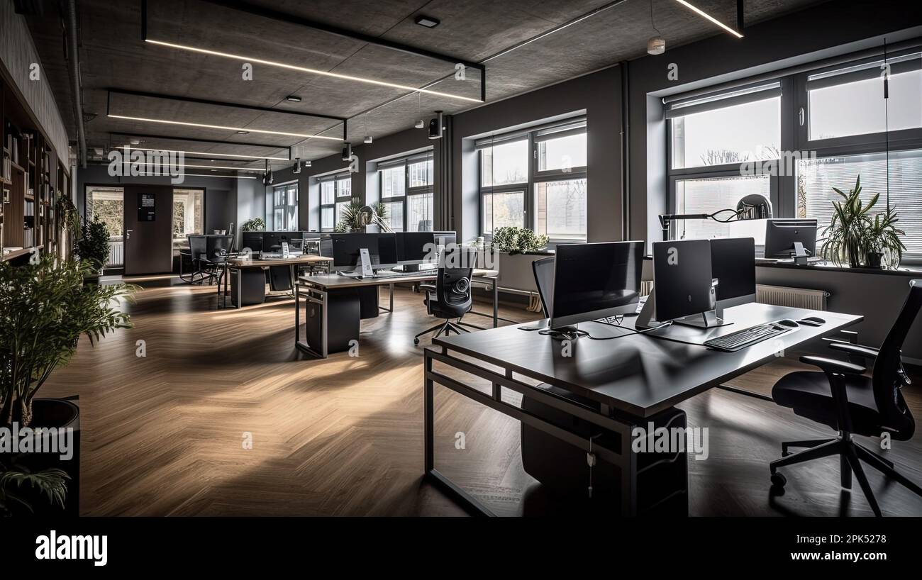 Trendy modern open concept office space with big windows, natural light and a layout to ...
