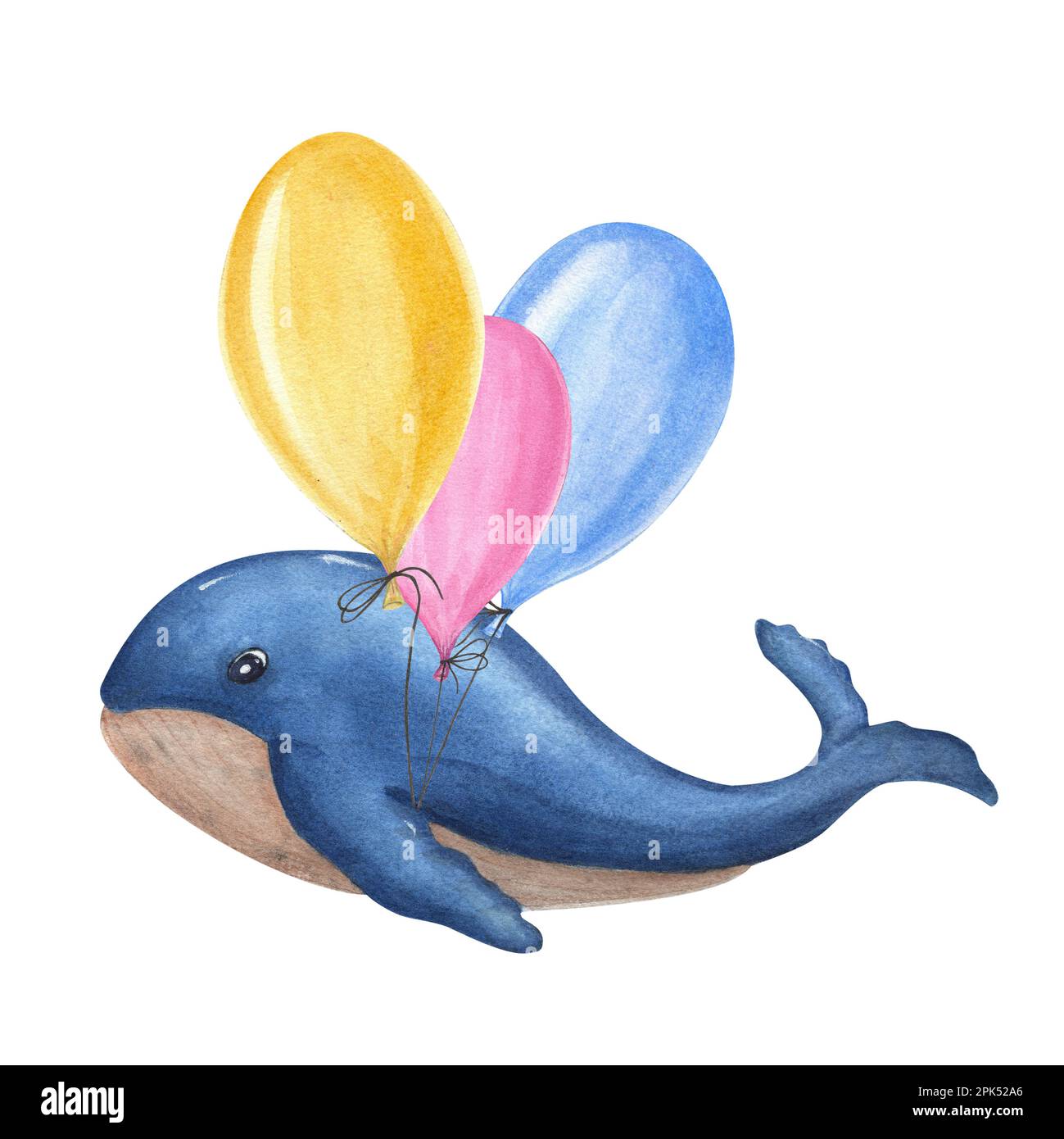 Watercolor illustration with whale holding balloons isolated on white ...