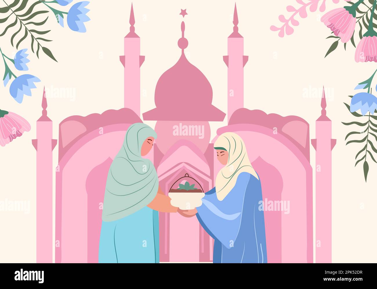 Celebrating Together, A Joyful Muslim Community with Mosque Silhouette ...