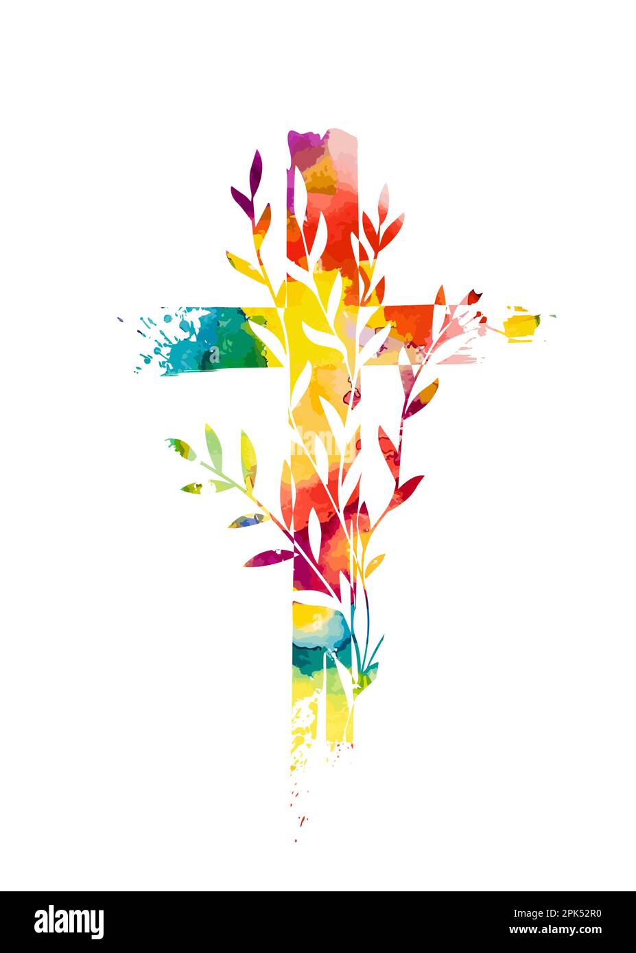 Watercolor beautiful cross with twigs. He is risen. Happy easter ...