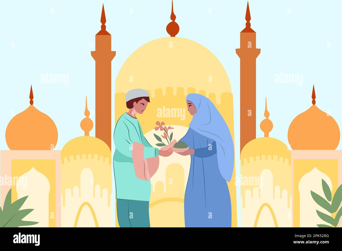 Celebrating Together: A Joyful Muslim Community with Mosque Silhouette ...