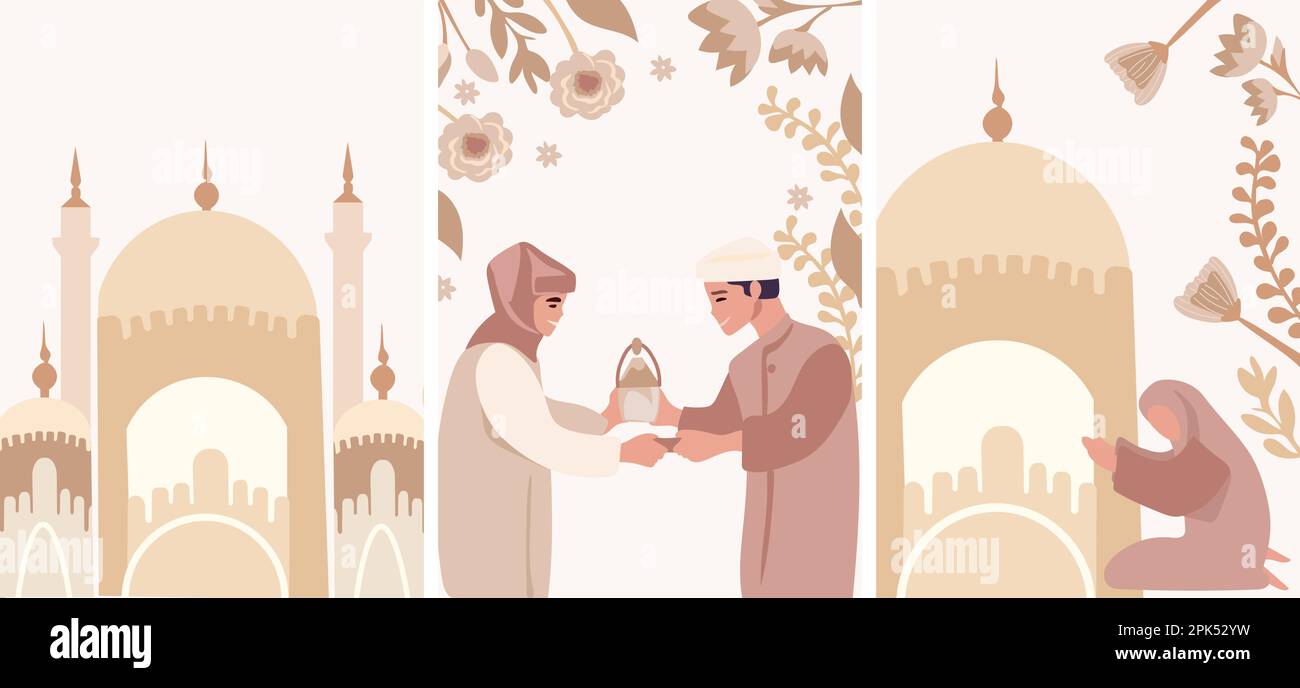 Celebrating Together, A Joyful Muslim Community with Mosque Silhouette ...