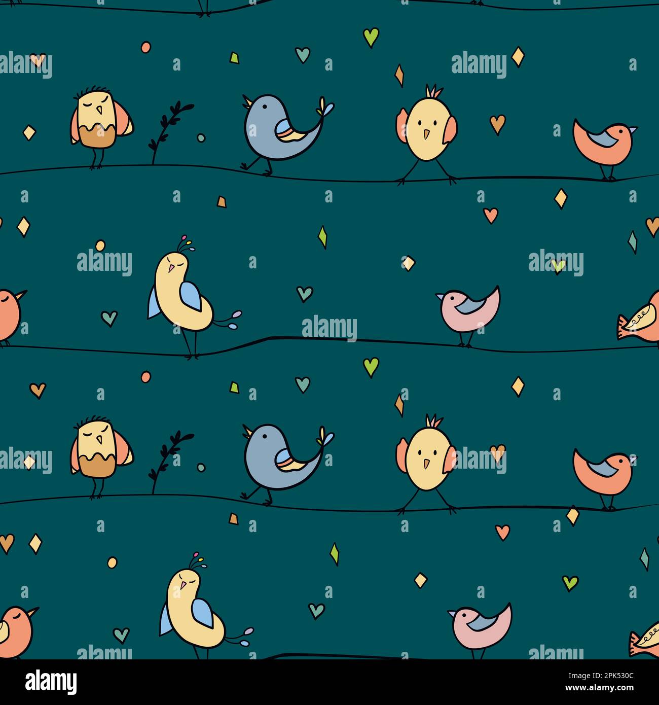 Seamless pattern with funny colorful birds sitting on wires. Color flat ...