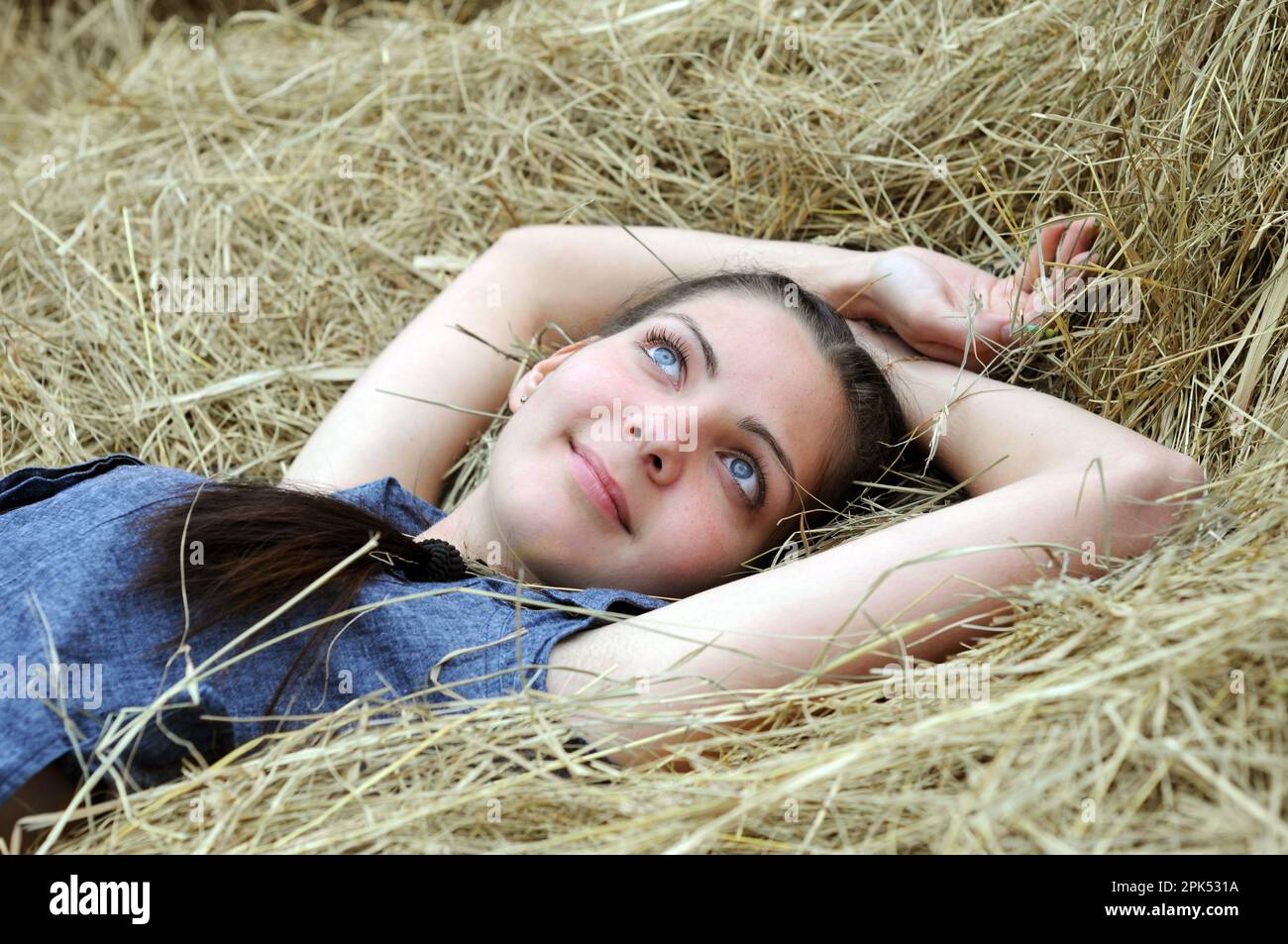 young attractive woman relaxing on the haystack in summer day Stock ...