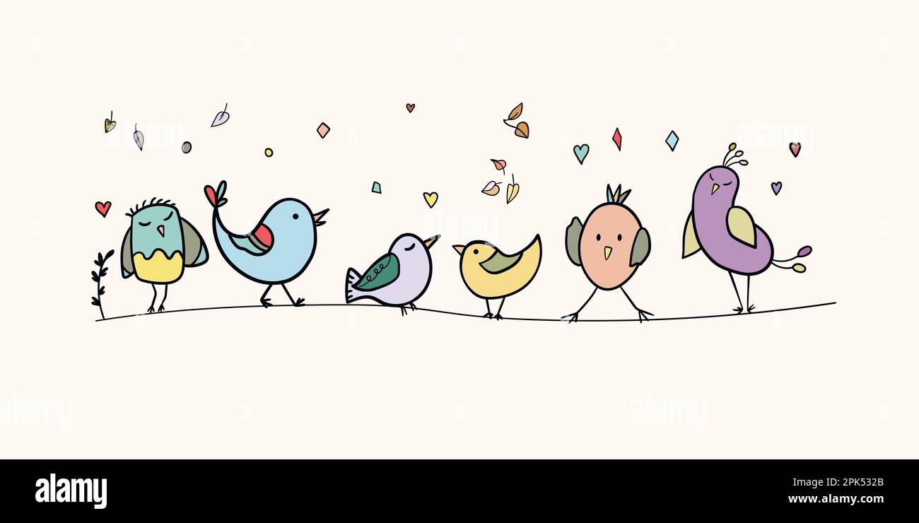 Funny colorful birds sitting on wires. Color flat vector illustration ...