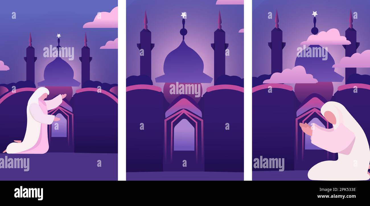 Eid Mubarak. A devout Muslims pray namaz or salah with Mosque ...