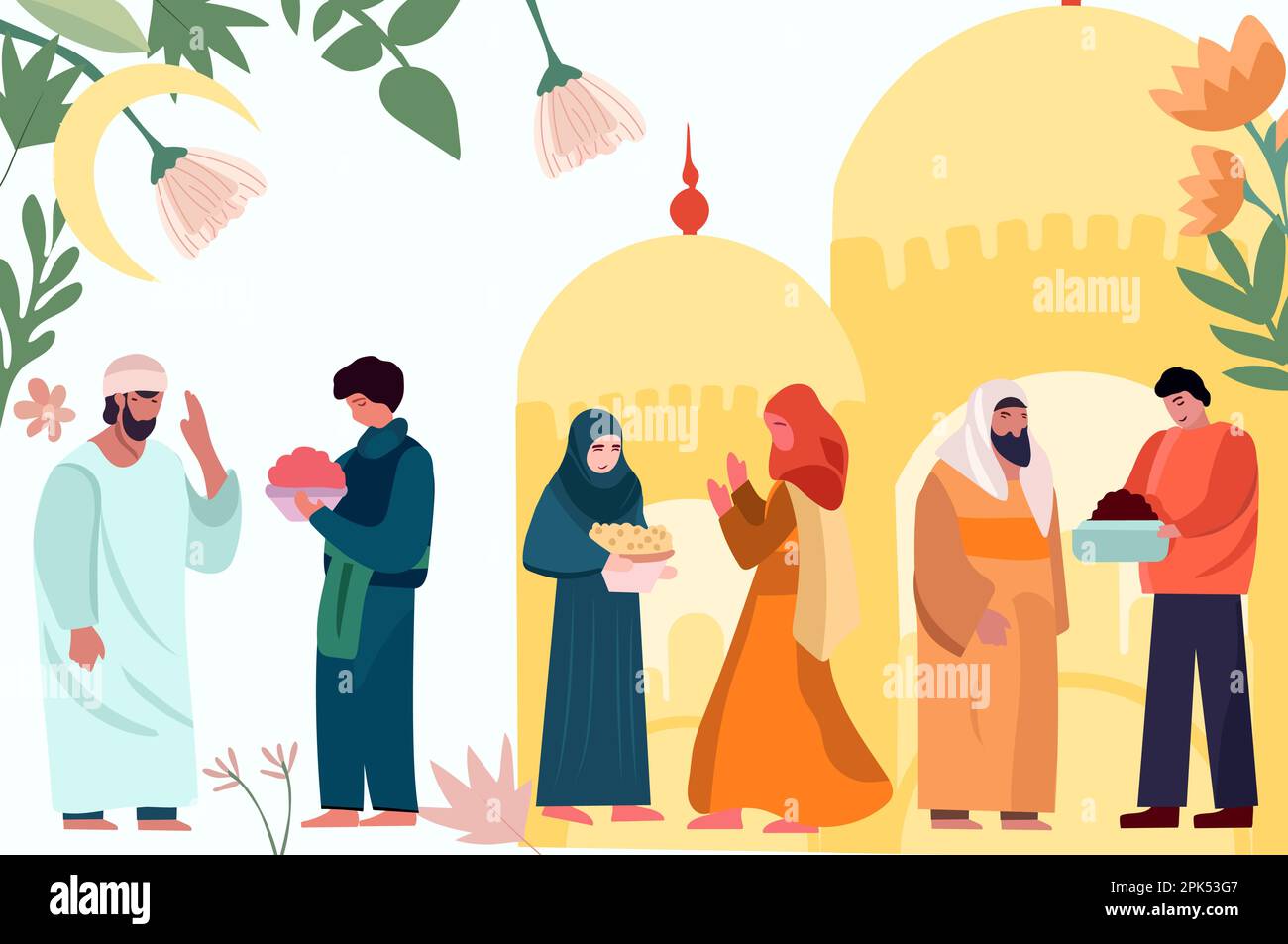 Celebrating Together: A Joyful Muslim Community with Mosque Silhouette ...