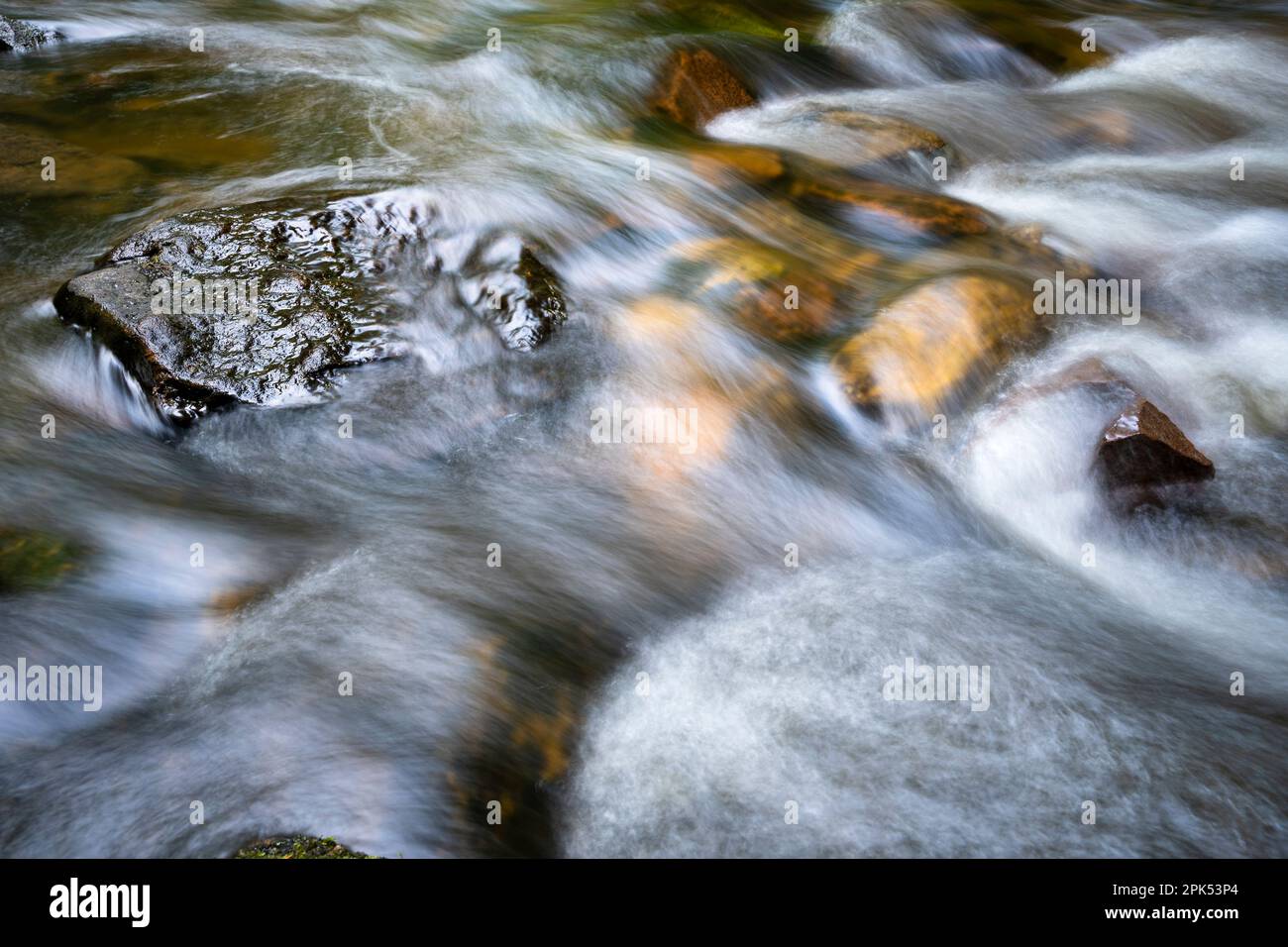Stones of different colors in a creek, water flowing over them. One ...