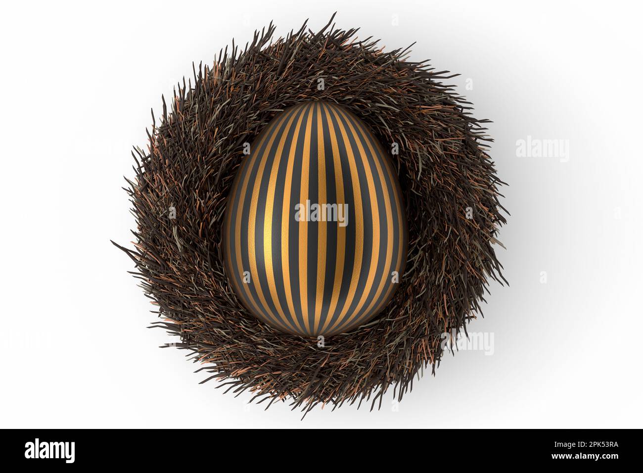 Golden and black Easter egg in bird nest isolated on white background ...