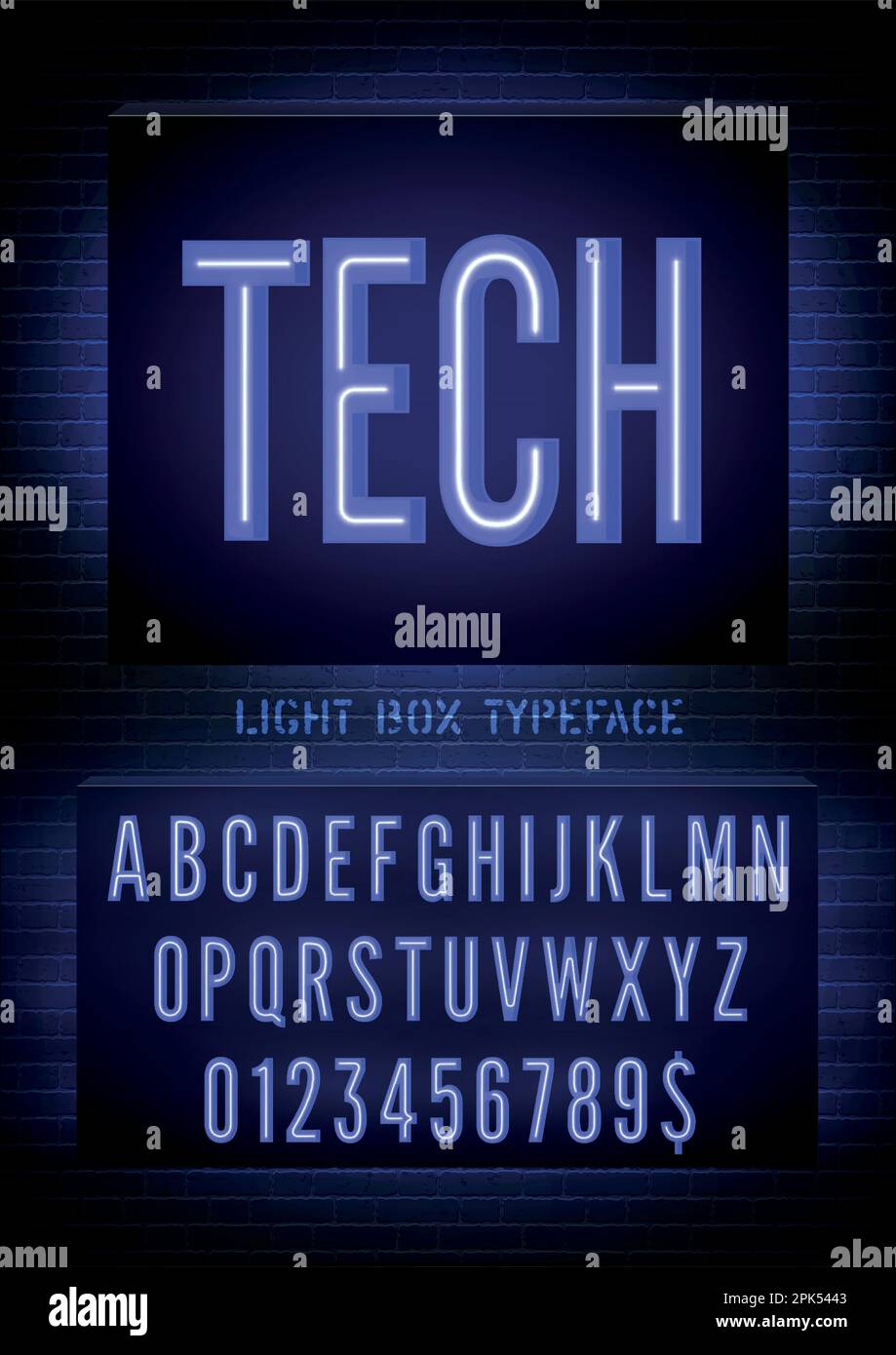 Vector tech night light box sign and narrow blue neon font with numbers ...