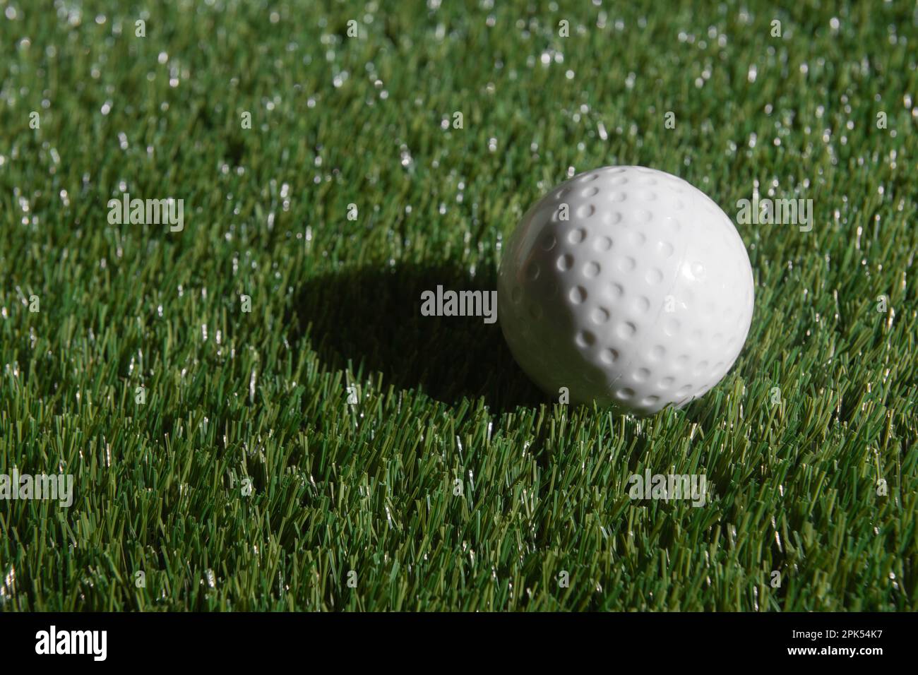 White dimple hockey ball and golf ball on green grass. Horizontal sport ...