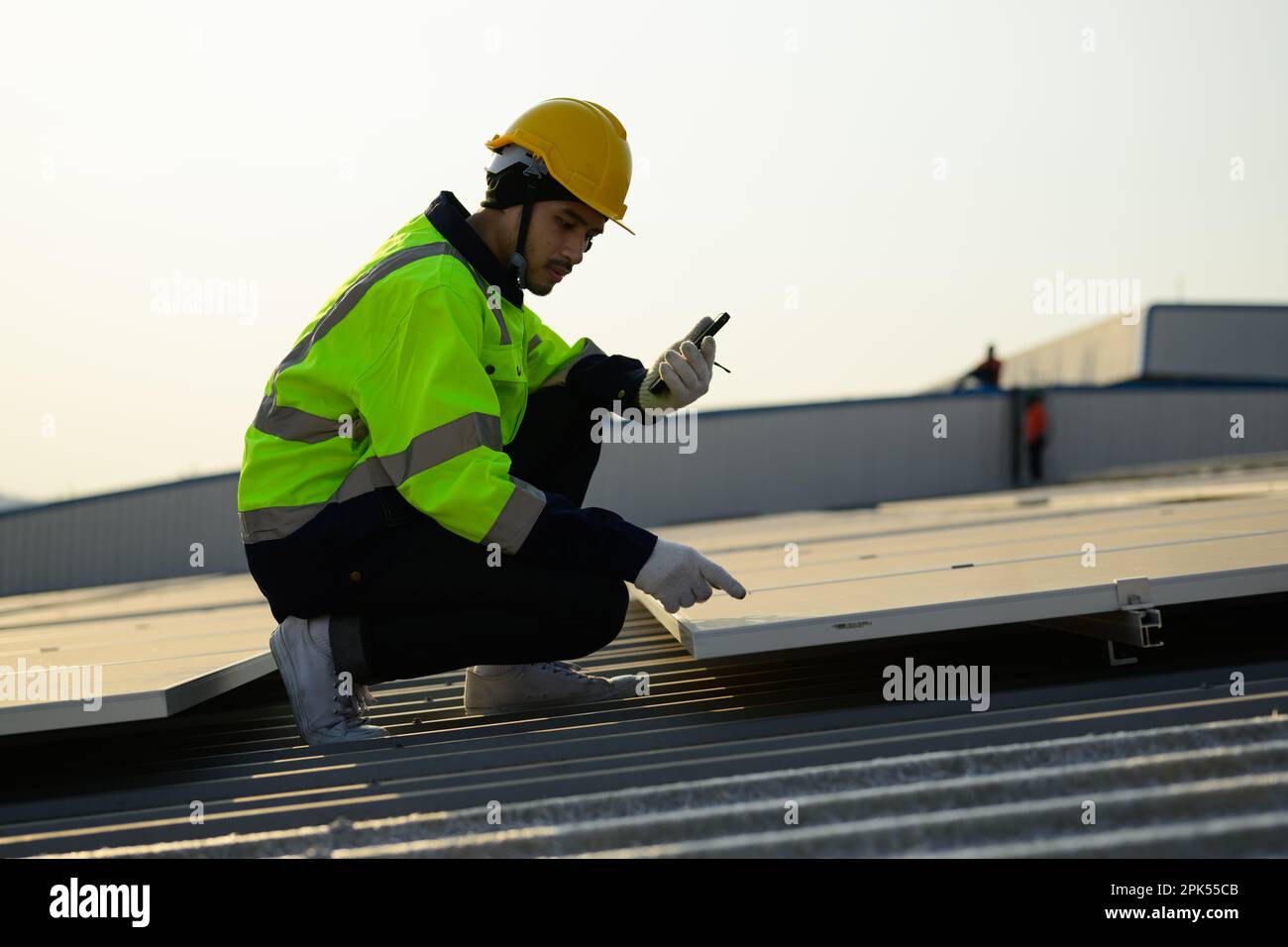 Professional engineer technician with safety helmet checking system ...