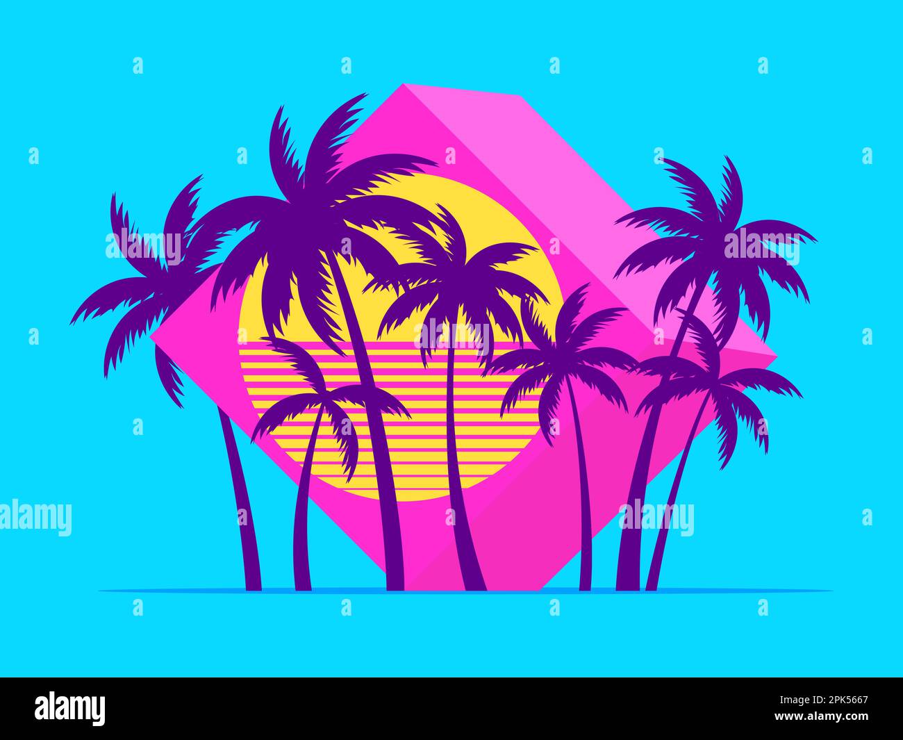 3d cube with palm trees at sunset in the style of the 80s. Futuristic ...