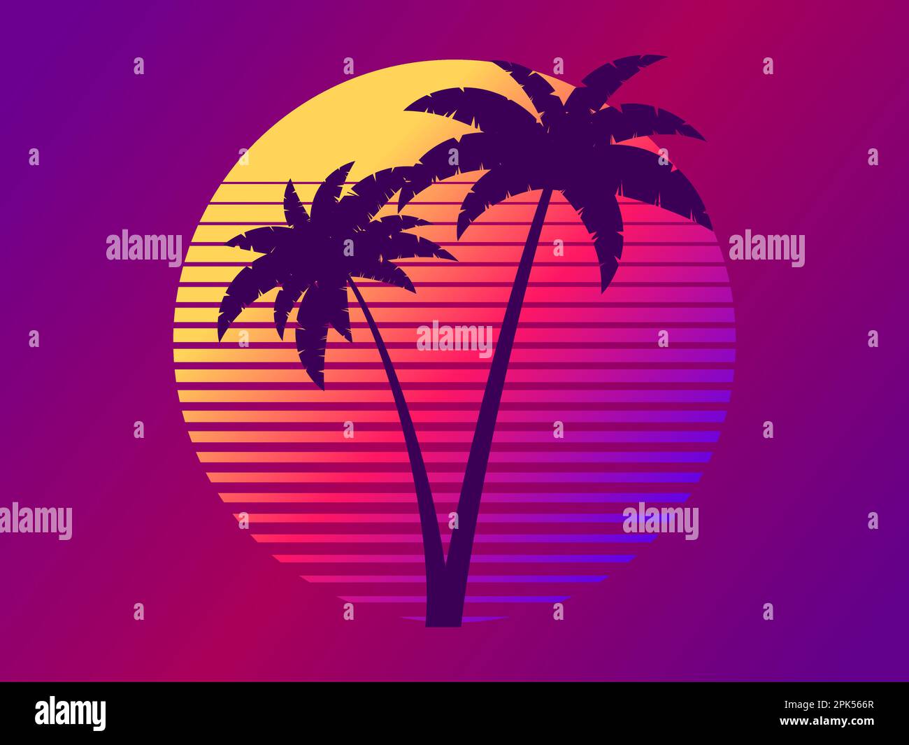 Two palm trees on a sunset 80s retro sci-fi style. Summer time ...