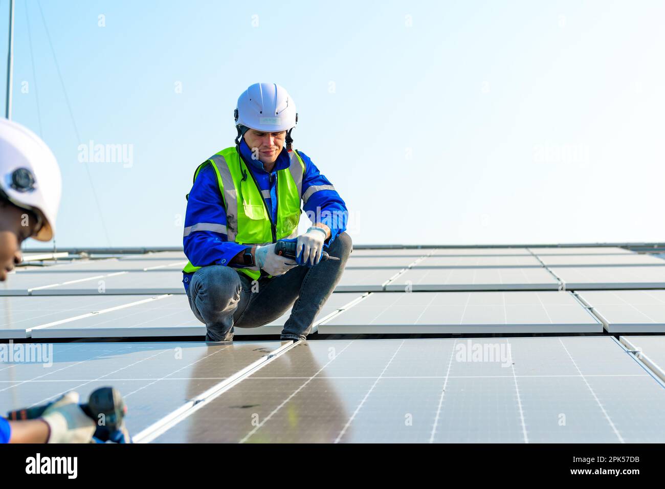 Professional engineer technician with safety helmet checking system ...