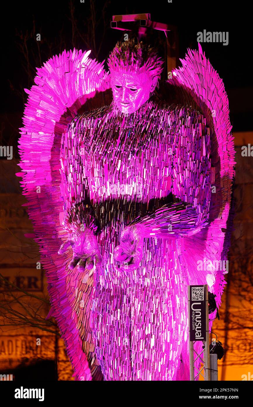 The Knife Angel sculpture illuminated in Purple after been unveiled in ...