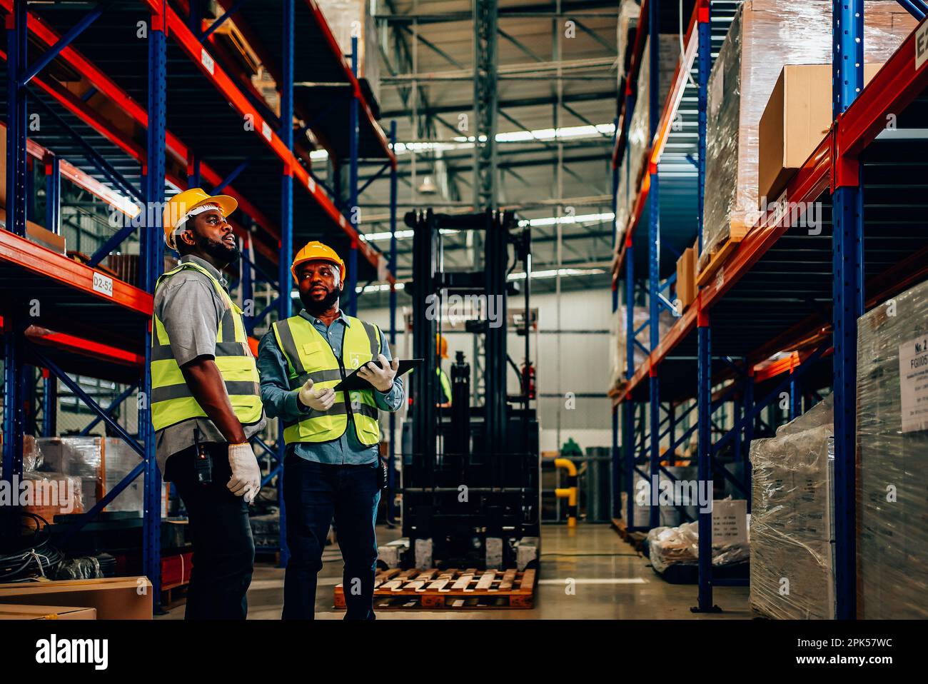 Two warehouse workers checking and controlling boxes in warehouse Stock ...