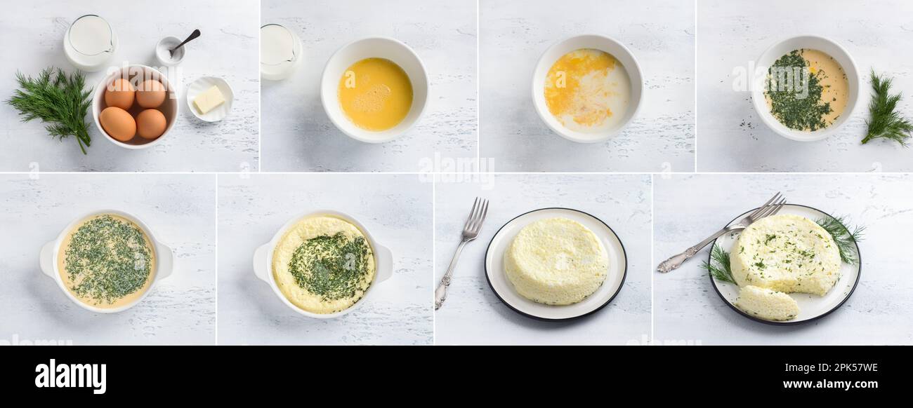 Cooking omelette with milk and herbs on a light blue background, top ...