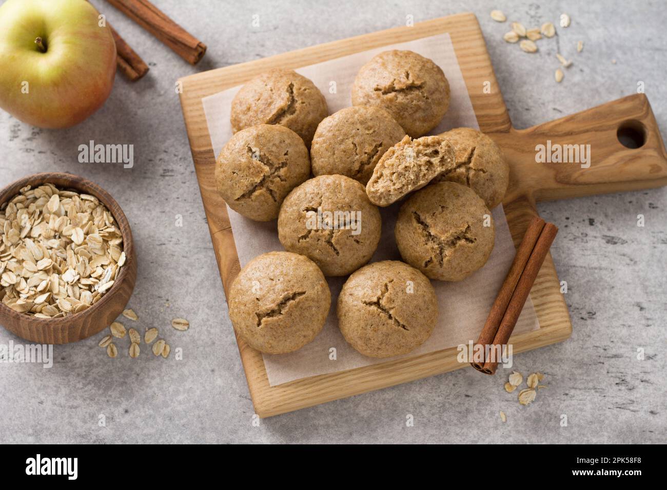 Steamed oatmeal cookies with apple and cinnamon on a light gray ...