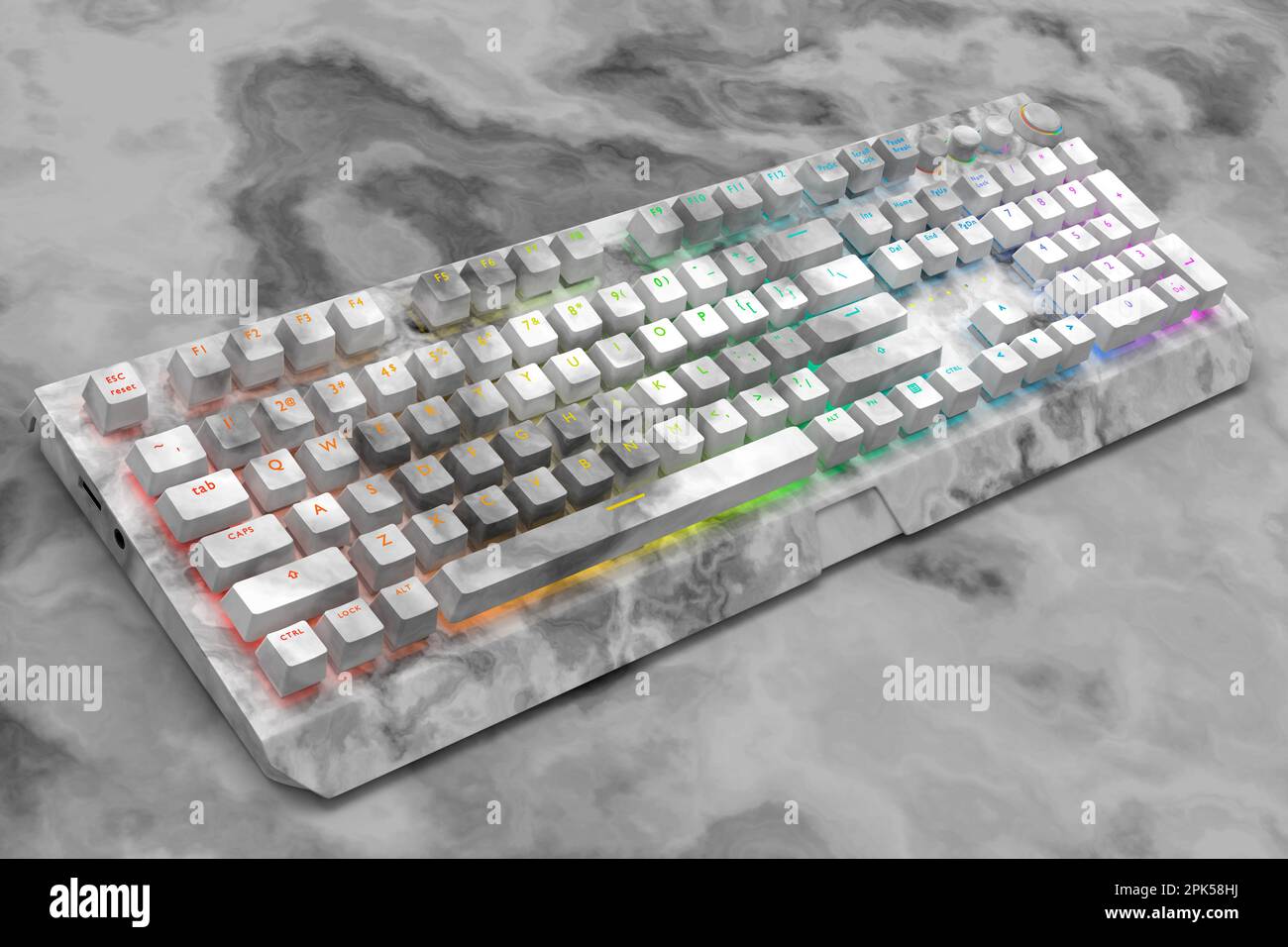 Realistic computer keyboard with black marble texture isolated on dark ...