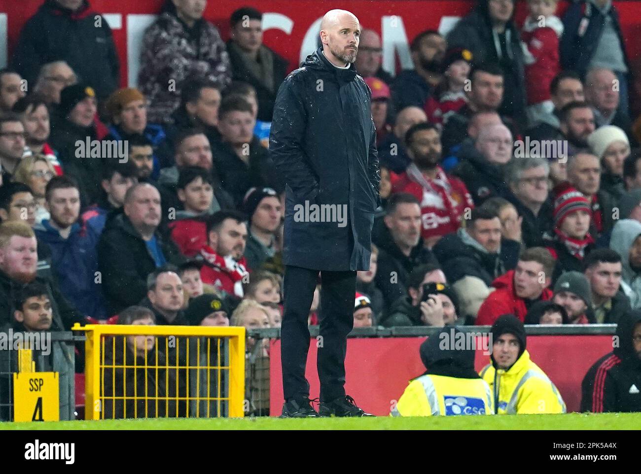 Manchester United Manager Erik Ten Hag Looks On In The Rain During The