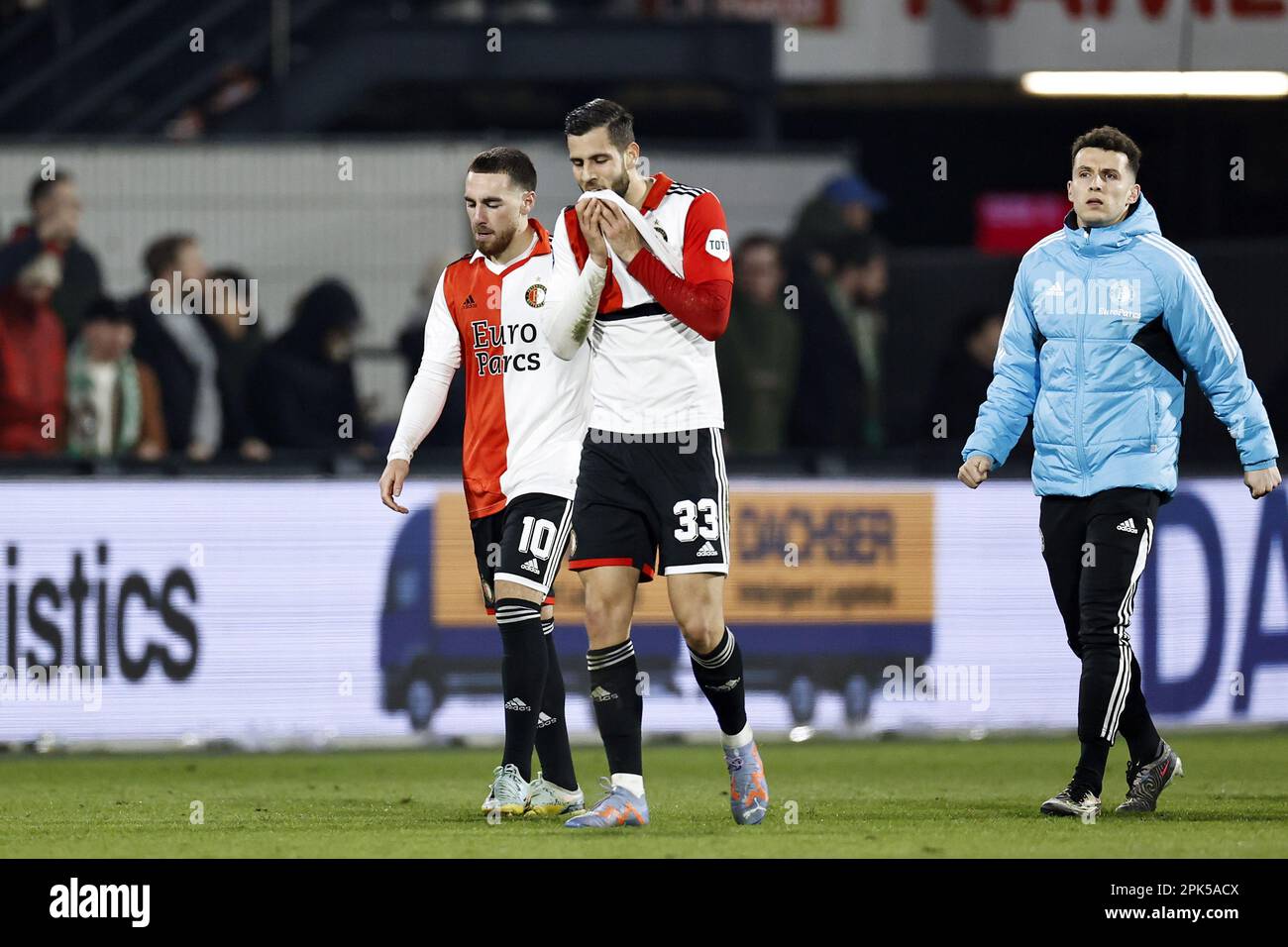 ROTTERDAM - (LR) Orkun Kokcu of Feyenoord, David Hancko of Feyenoord, Oussama Idrissi of ...