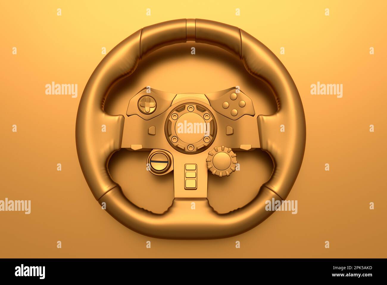 Realistic leather steering wheel with gold chrome texture on dark ...