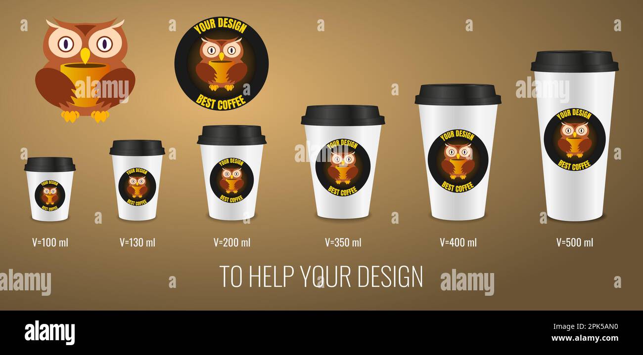 Set of illustrations of single layer paper cups in different sizes with ...