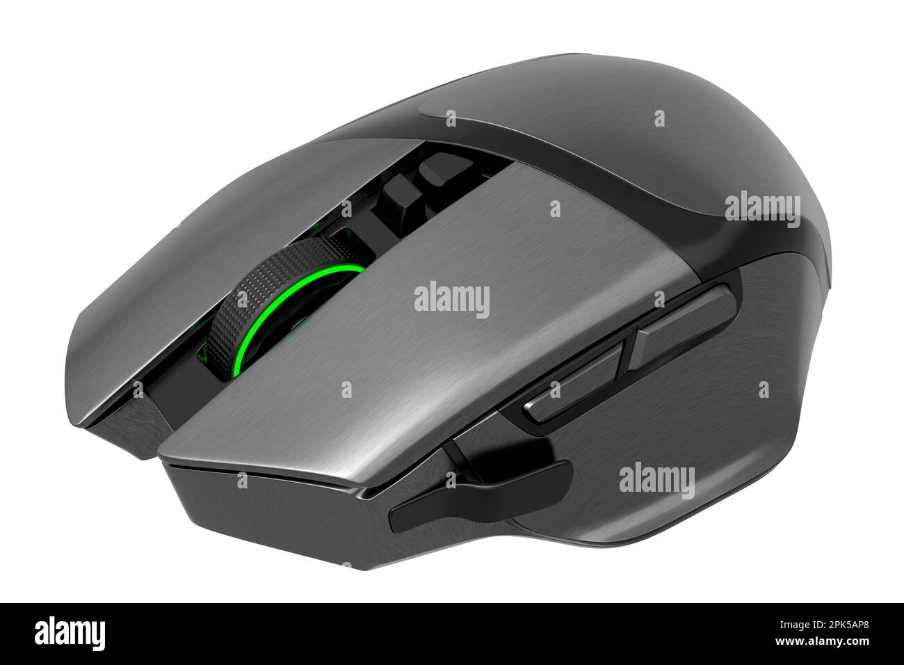 Wireless gaming computer mouse with metallic chrome texture on white ...