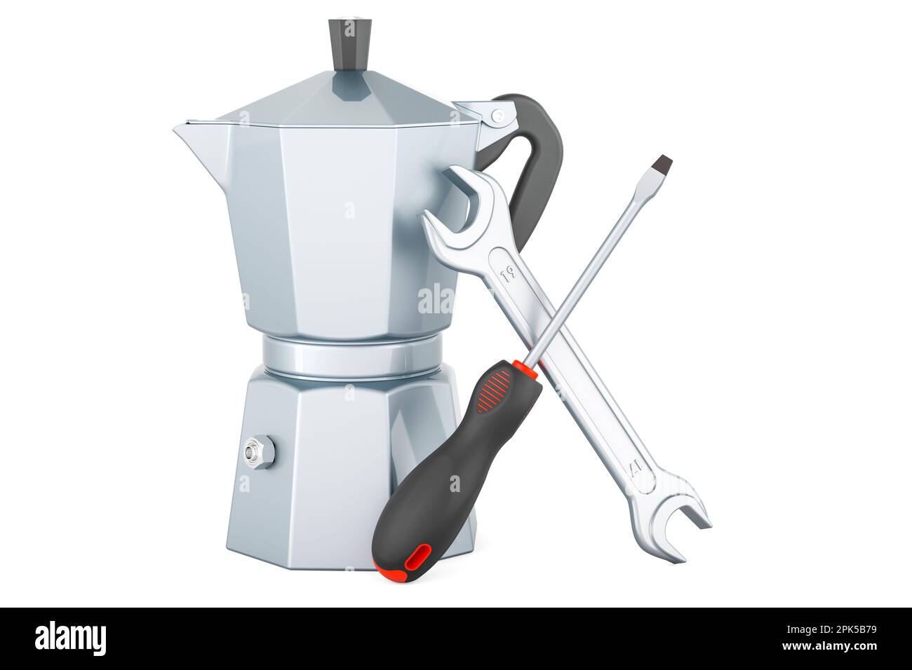 Coffee Maker, Moka Pot with screwdriver and wrench, 3D rendering ...