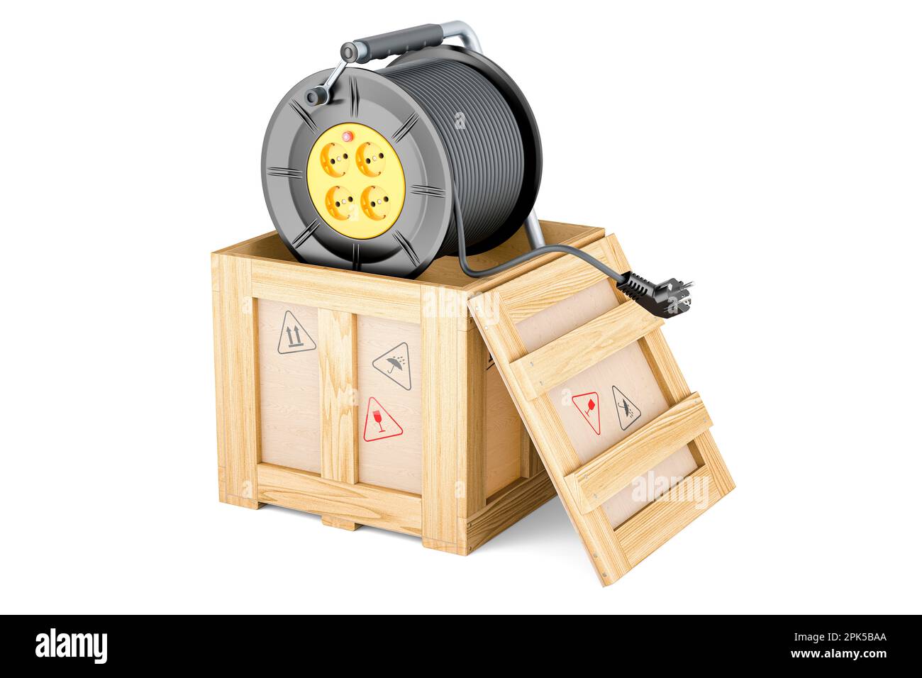 Industrial cable reel inside wooden box, delivery concept. 3D rendering ...