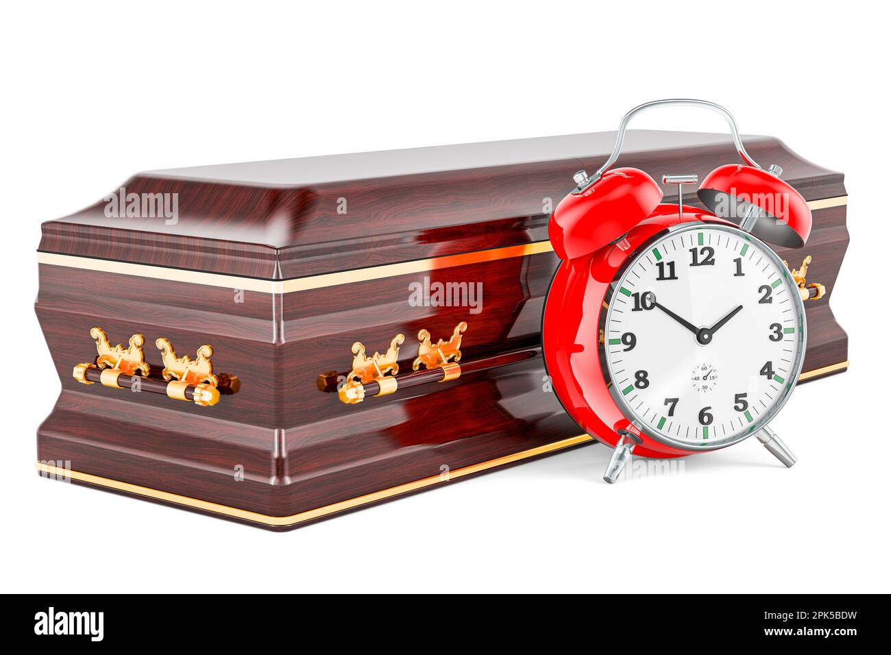 Wooden coffin with alarm clock, 3D rendering isolated on white ...