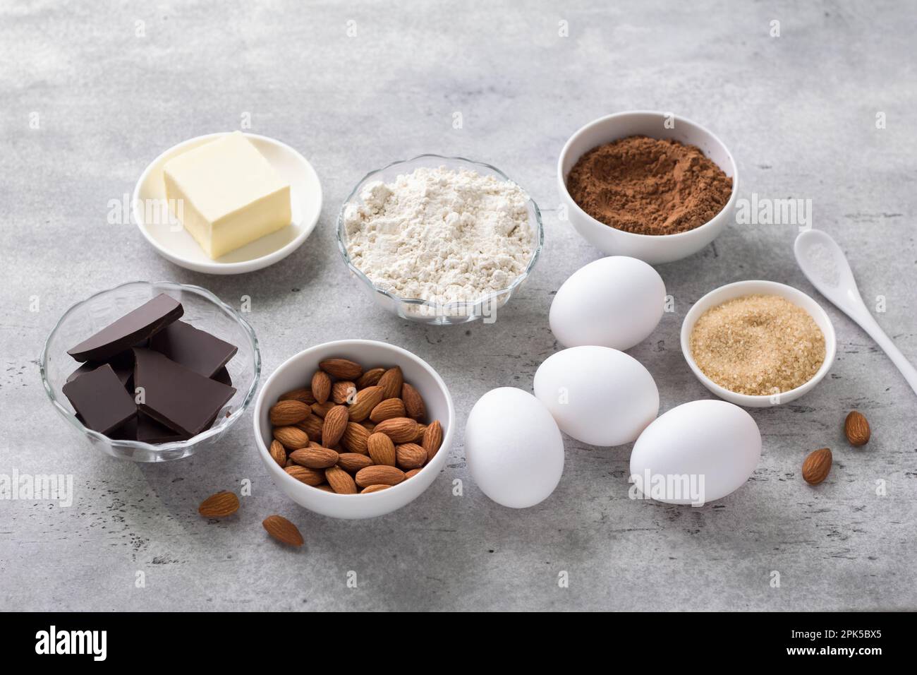 Ingredients for making chocolate cake: flour, chocolate, cocoa, eggs ...