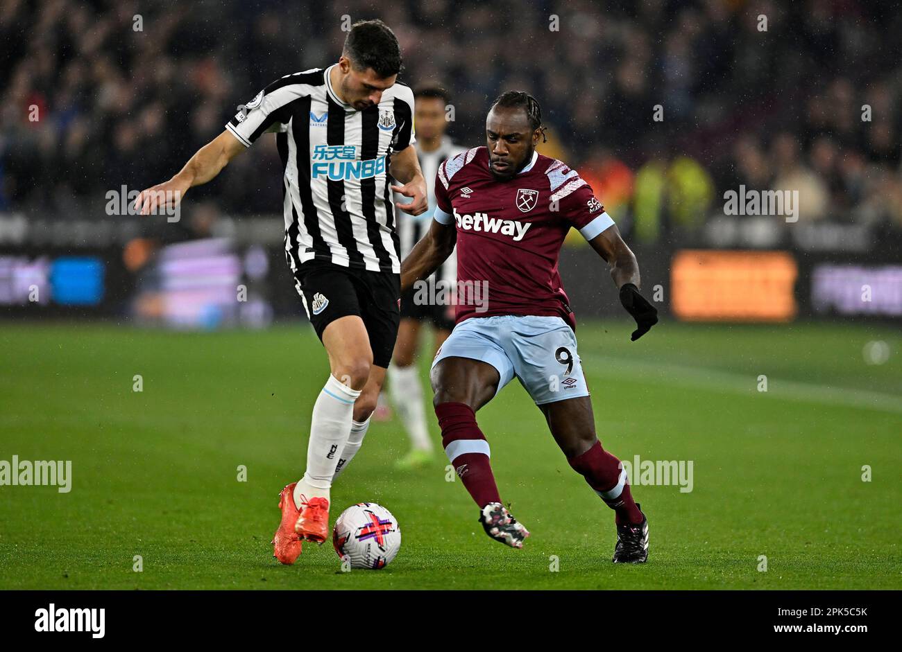 London, UK. 5th Apr, 2023. Michail Antonio (West Ham) and Fabian Schär ...