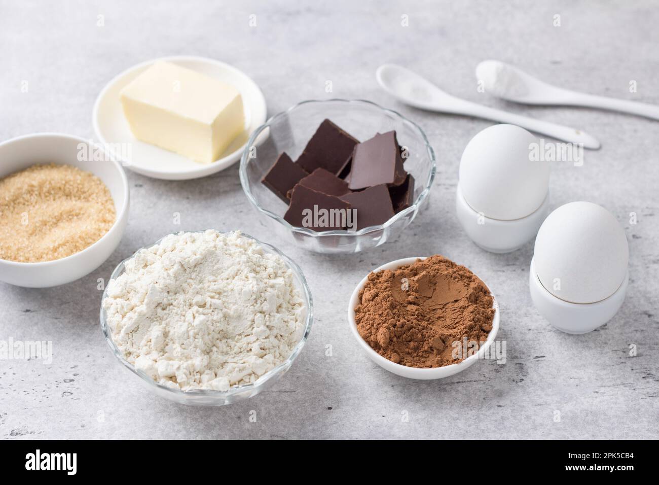 Ingredients for making chocolate cake: flour, chocolate, cocoa, eggs ...