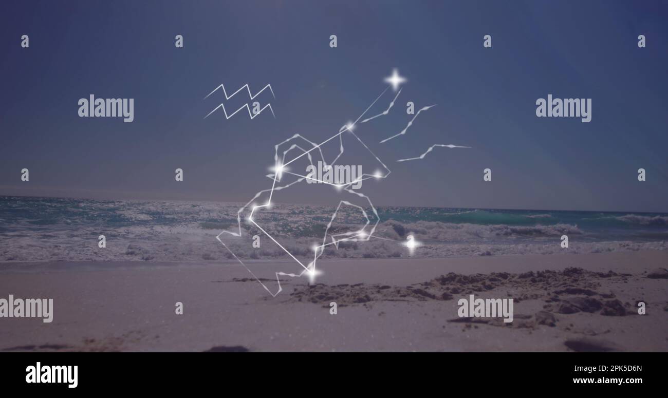 Image of aquarius star sign with glowing stars over sea and beach Stock ...