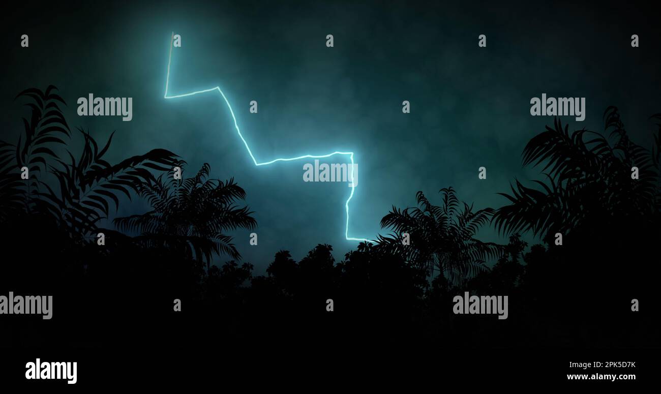 Image of lightning striking over palm trees and stormy clouded sky ...