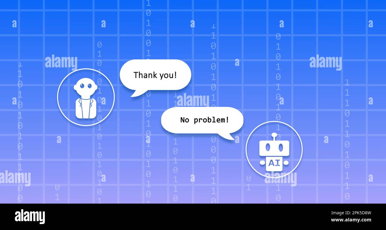Image Of Ai Bot Conversation And Binary Coding On Speech Bubbles Over Blue Background