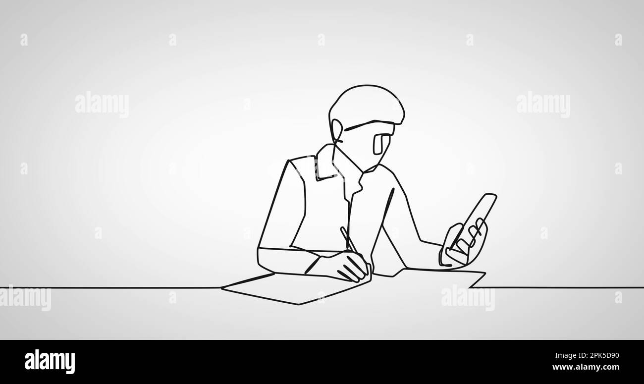 Image of drawing of businessman using smartphone on white background ...