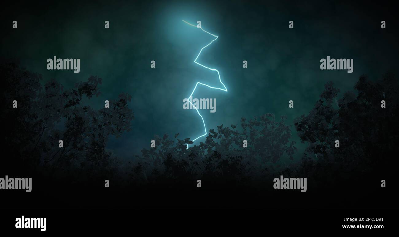 Image of lightning striking over trees and stormy clouded sky. Weather ...