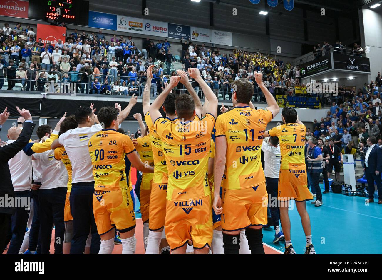 players of Modena pictured celebrating after winning a Volleyball game ...