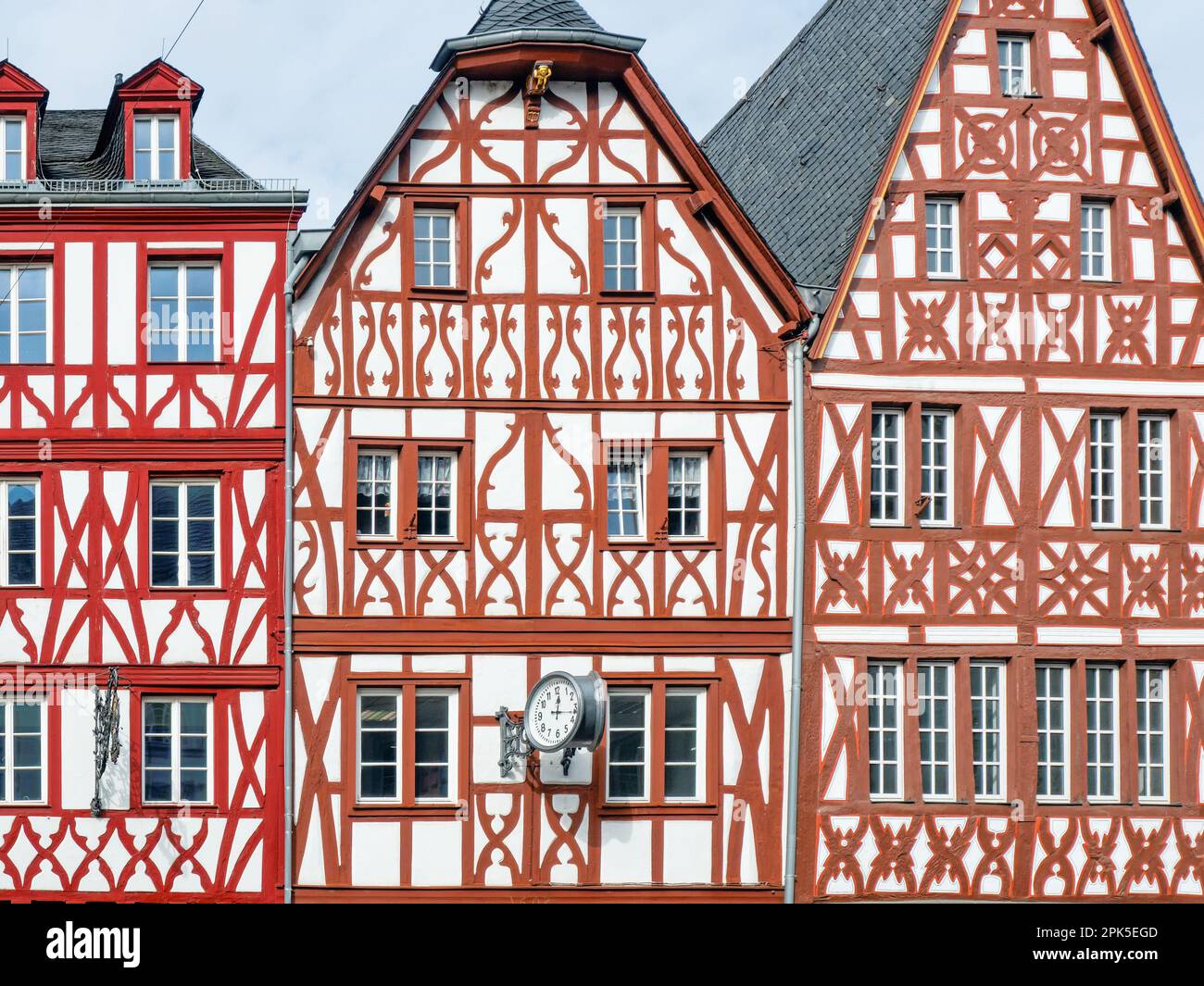 View of the half-timbered facade in the old town of Trier in Germany ...